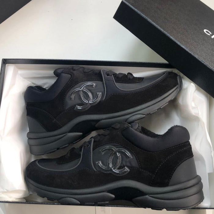 Chanel CC Logo Runner Sneaker Reflective Triple Black Leather Suede