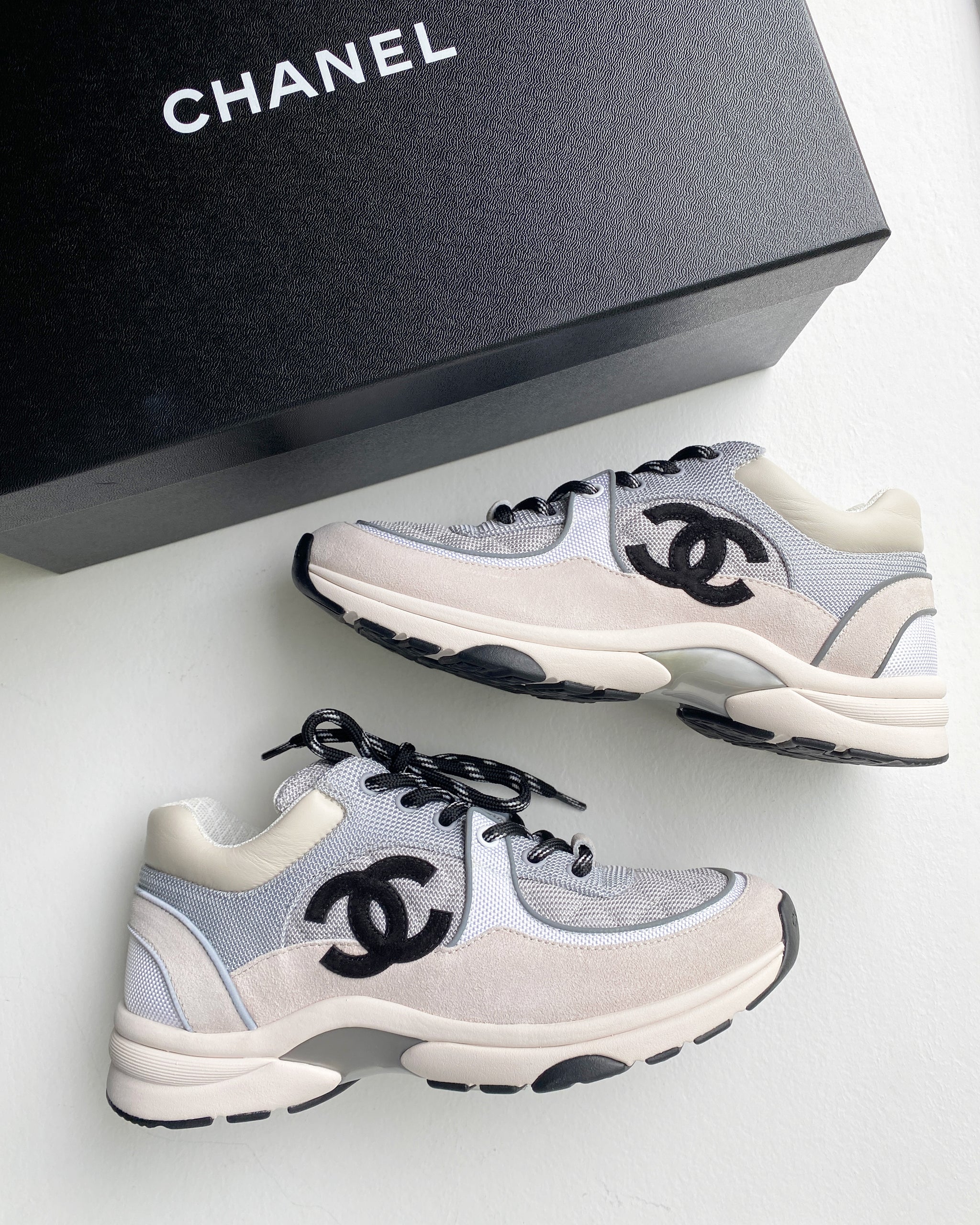 Chanel CC Logo Runner Sneaker Reflective Triple Black Leather Suede