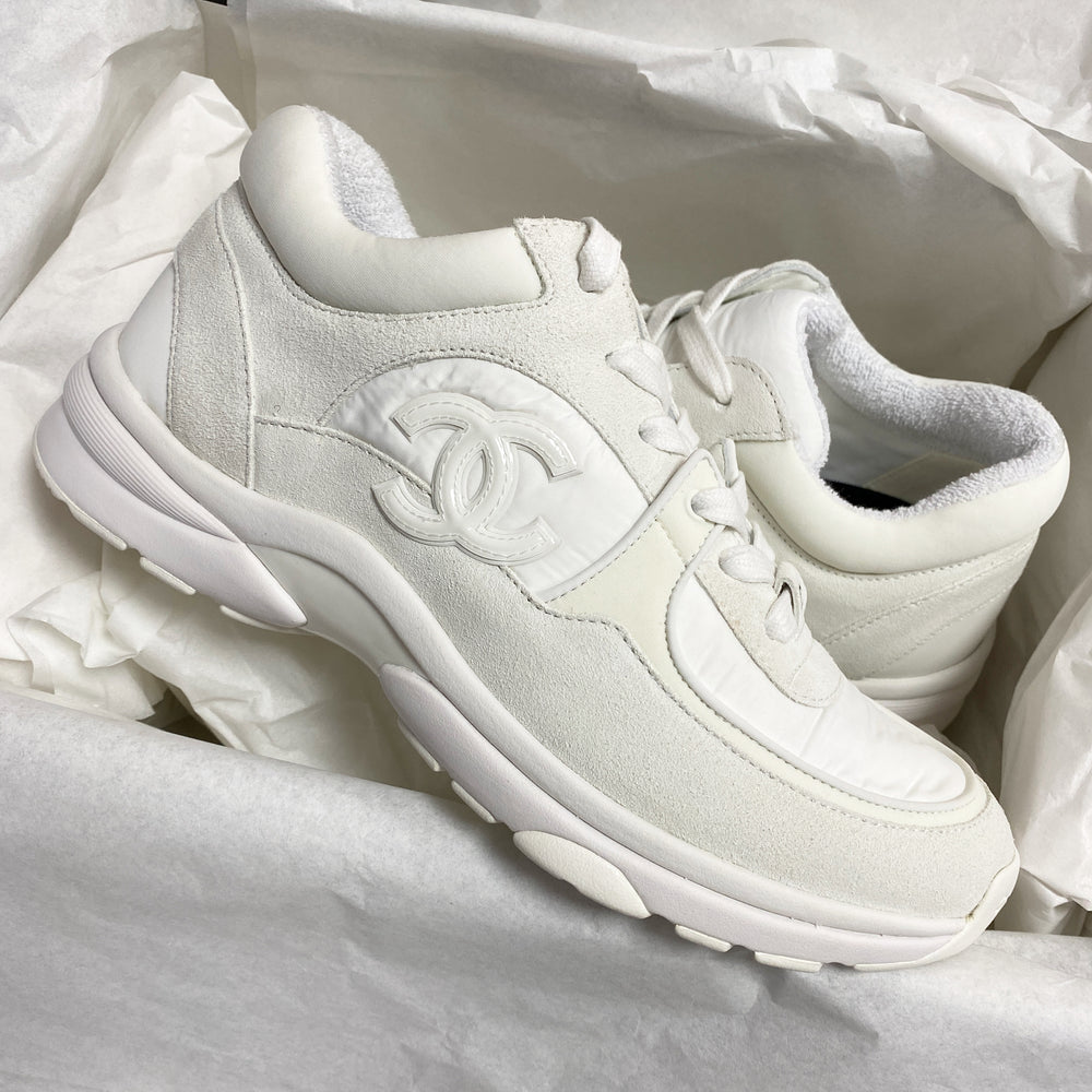 Chanel CC Logo Runner Sneaker Reflective Triple White Leather Suede
