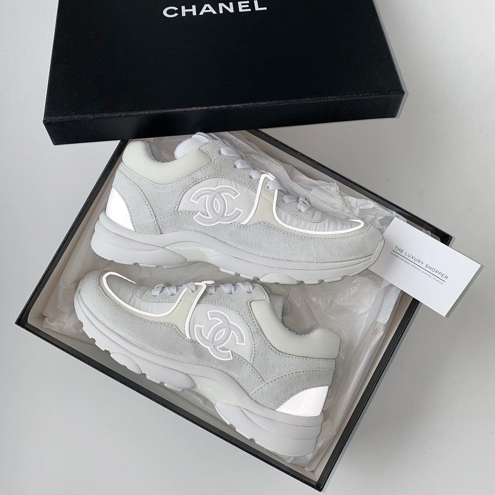 Chanel CC Logo Runner Sneaker Reflective Triple White Leather Suede