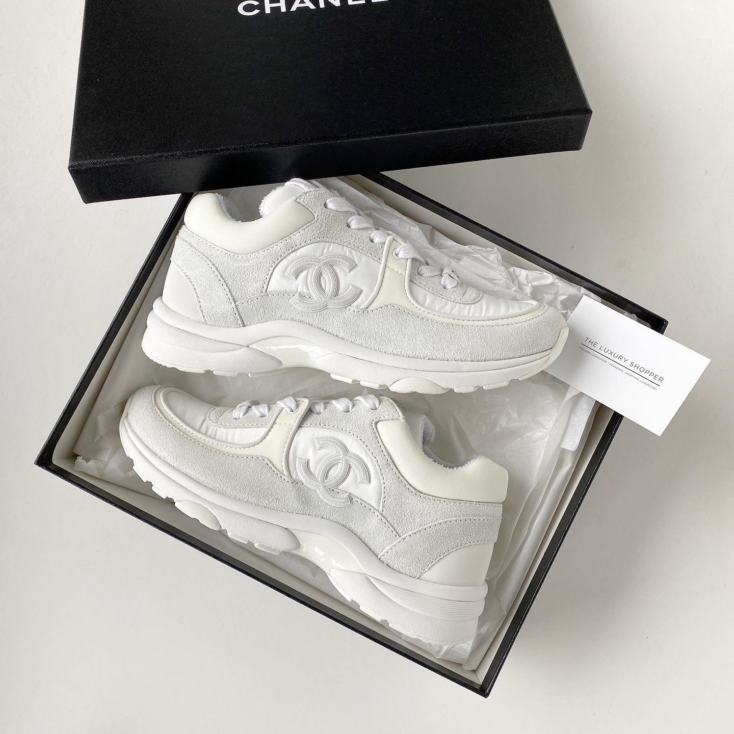 Chanel CC Logo Runner Sneaker Reflective Triple White Leather Suede
