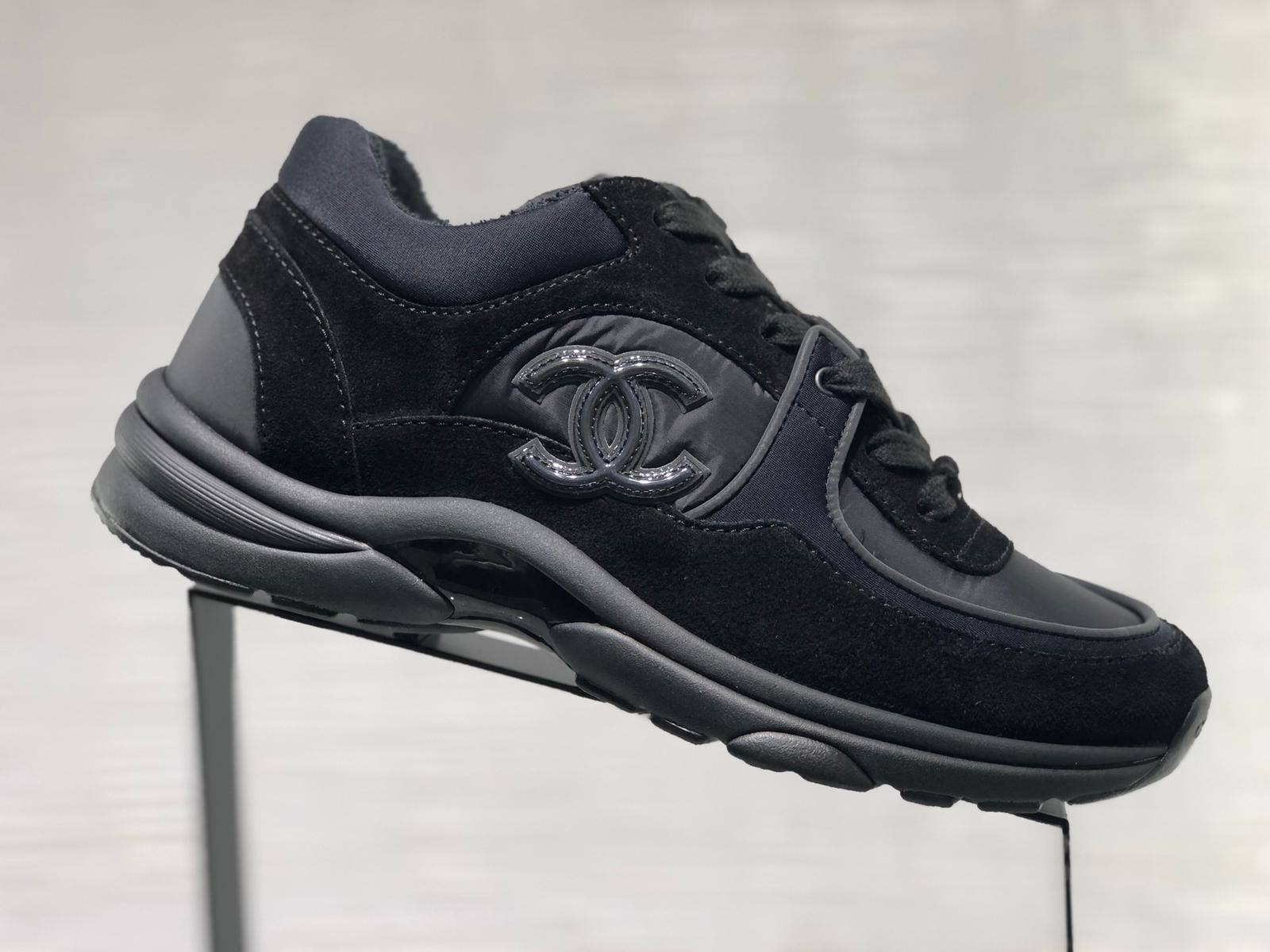 Chanel CC Logo Runner Sneaker Reflective Triple Black Leather Suede